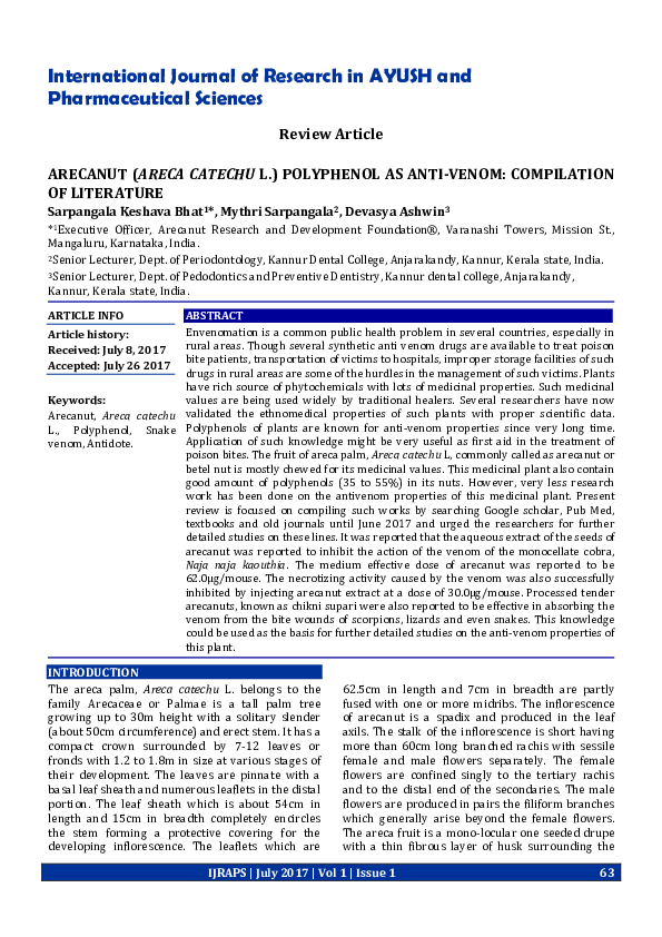 (PDF) Arecanut (Areca Catechu L.) Polyphenol as Anti-Venom: Compilation of Literature