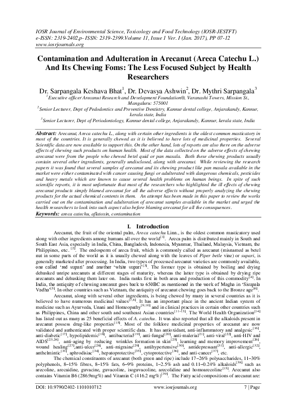 (PDF) Contamination and Adulteration in Arecanut (Areca Catechu L.) And Its Chewing Foms: The ...