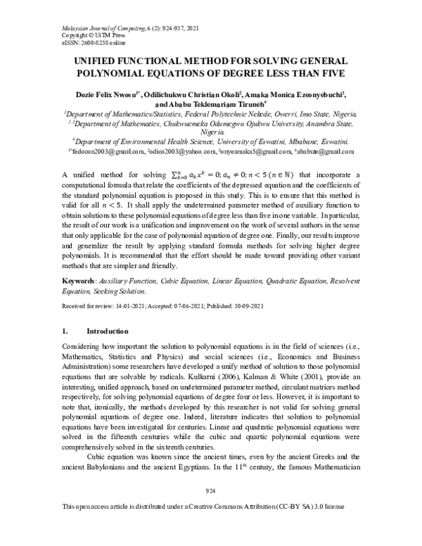 (PDF) Unified Functional Method for Solving General Polynomial Equations of Degree Less Than Five