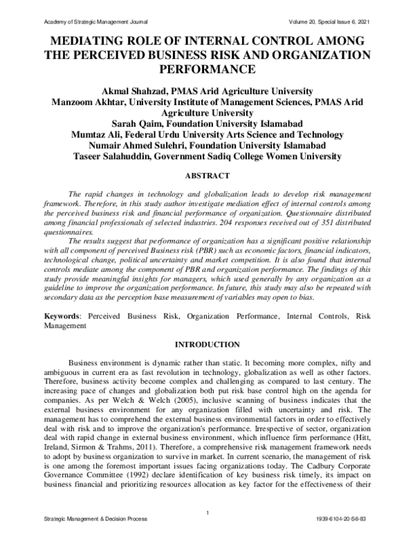 (PDF) Mediating Role of Internal Control among the Perceived Business ...