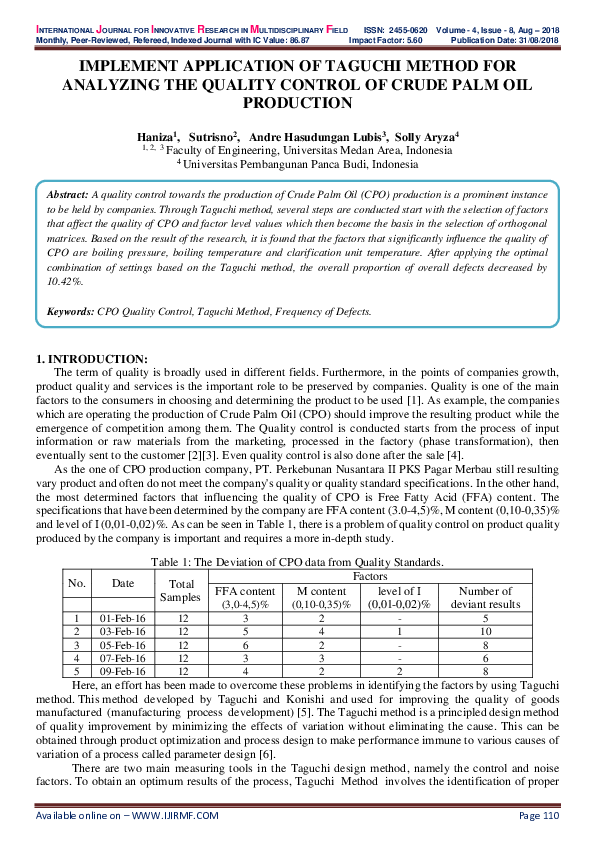 Pdf Implement Application Of Taguchi Method For Analyzing The Quality