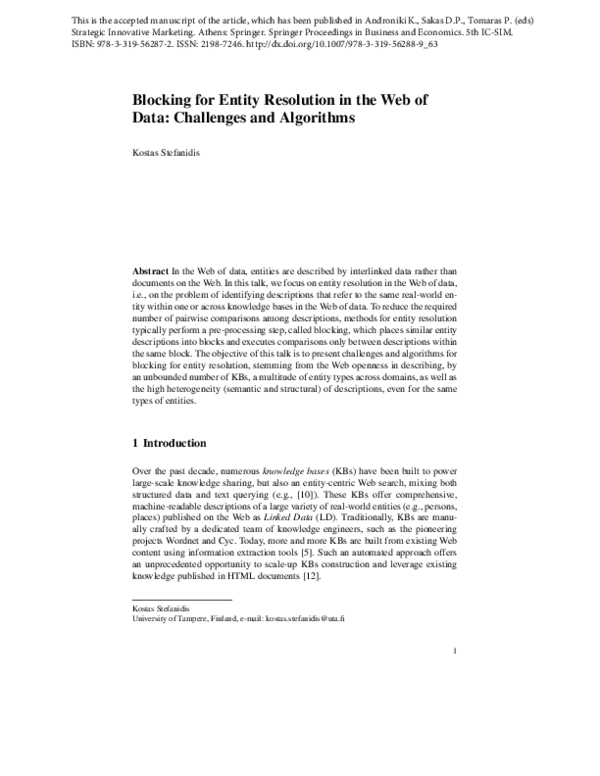 Pdf Blocking For Entity Resolution In The Web Of Data Challenges And 5852