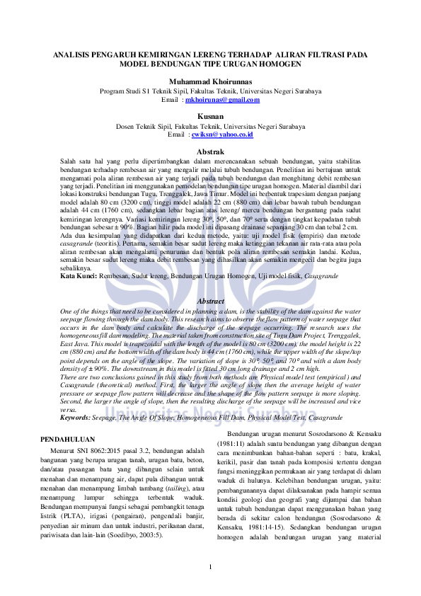 (PDF) Analisis Pengaruh Kemiringan Lereng Terhadap Aliran Filtrasi Pada Model Bendungan Tipe ...