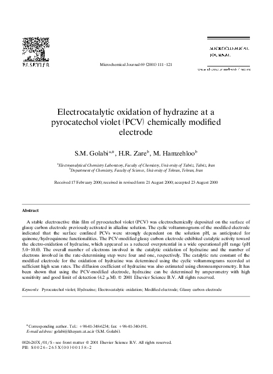 (PDF) Electrocatalytic oxidation of hydrazine at a pyrocatechol violet ...