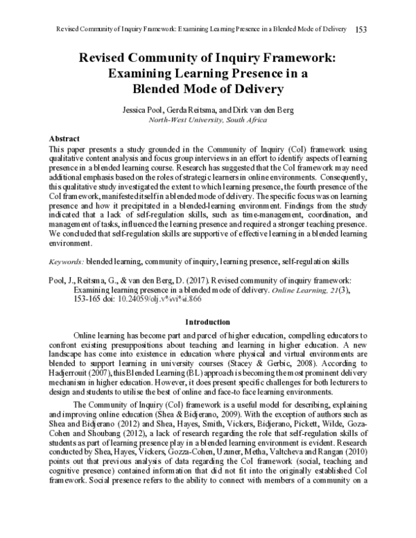 (PDF) Revised Community of Inquiry: Examining Learning Presence in a Blended Mode of Delivery