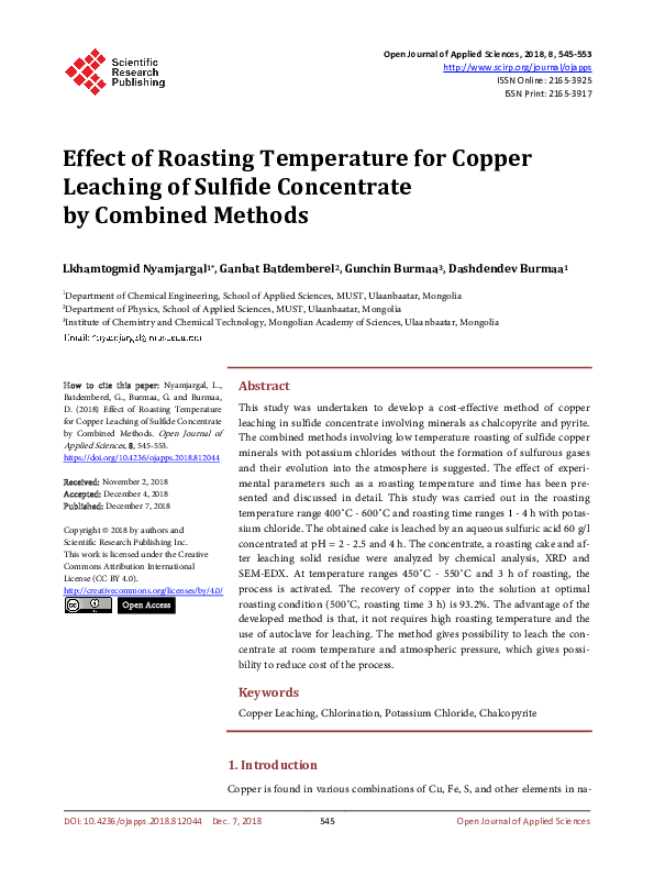 (PDF) Effect of Roasting Temperature for Copper Leaching of Sulfide ...