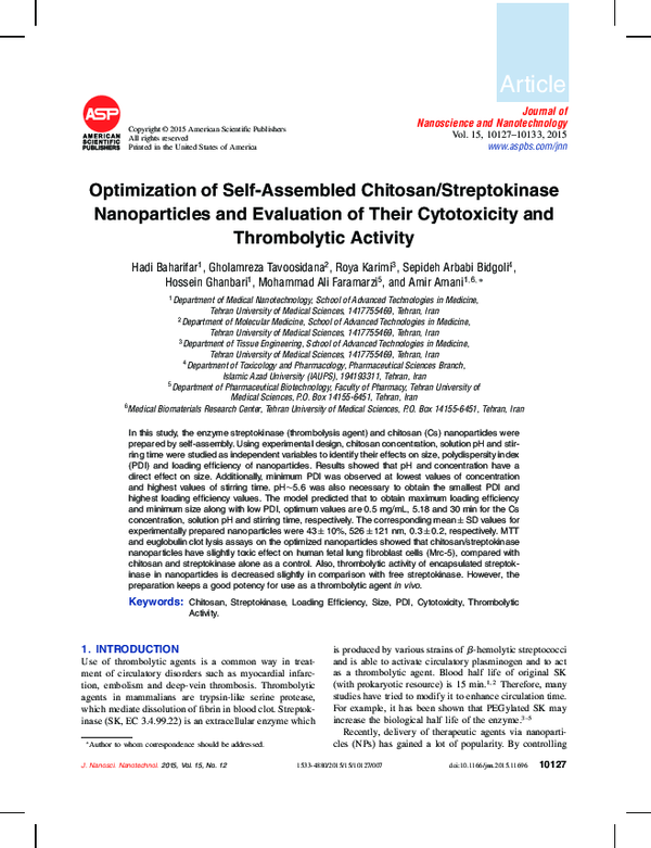 (PDF) Optimization of Self-Assembled Chitosan/Streptokinase Nanoparticles and Evaluation of ...