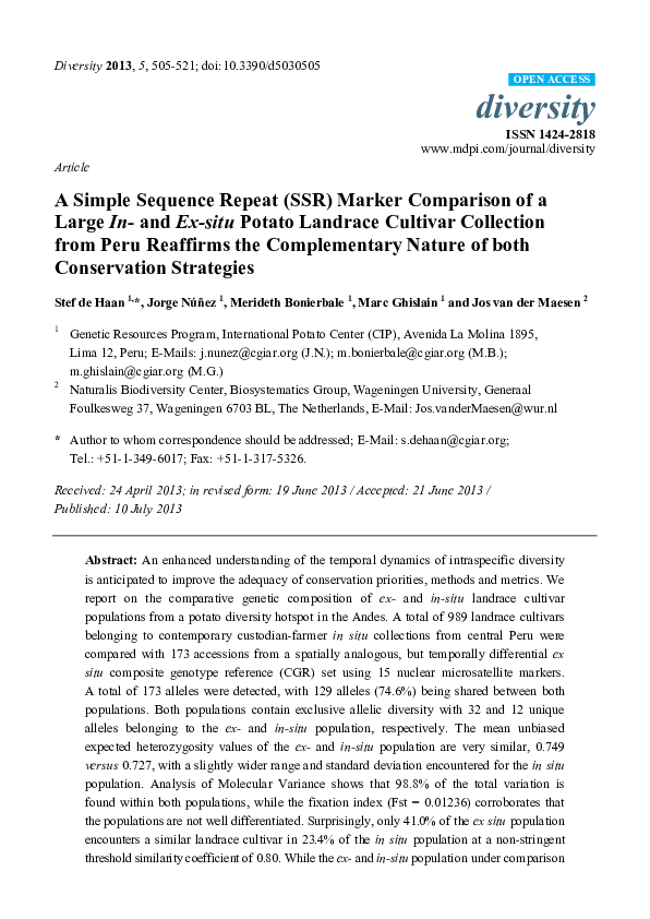 (PDF) A Simple Sequence Repeat (SSR) Marker Comparison of a Large In- and Ex-situ Potato ...