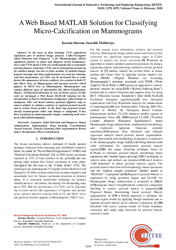 Pdf A Web Based Matlab Solution For Classifying Micro Calcification On Mammograms