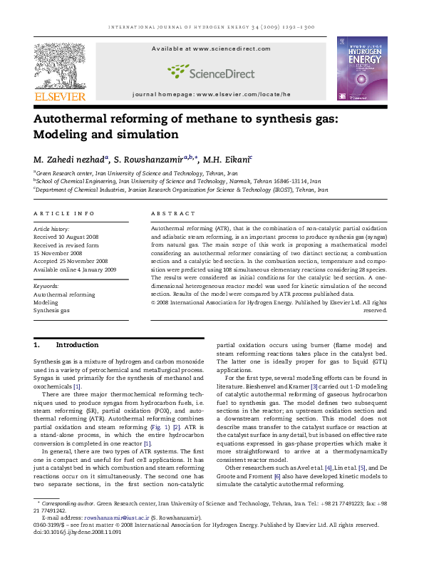 (PDF) Autothermal reforming of methane to synthesis gas: Modeling and simulation