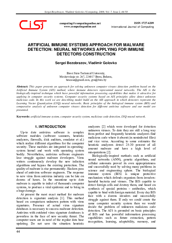 Pdf Artificial Immune Systems Approach For Malware Detection Neural