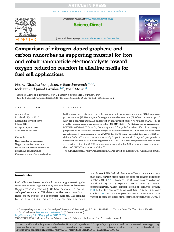 (PDF) Comparison of nitrogen-doped graphene and carbon nanotubes as supporting material for iron ...