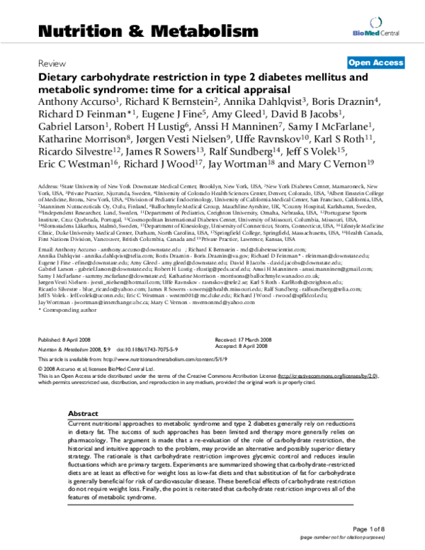 (PDF) Dietary carbohydrate restriction in type 2 diabetes mellitus and ...