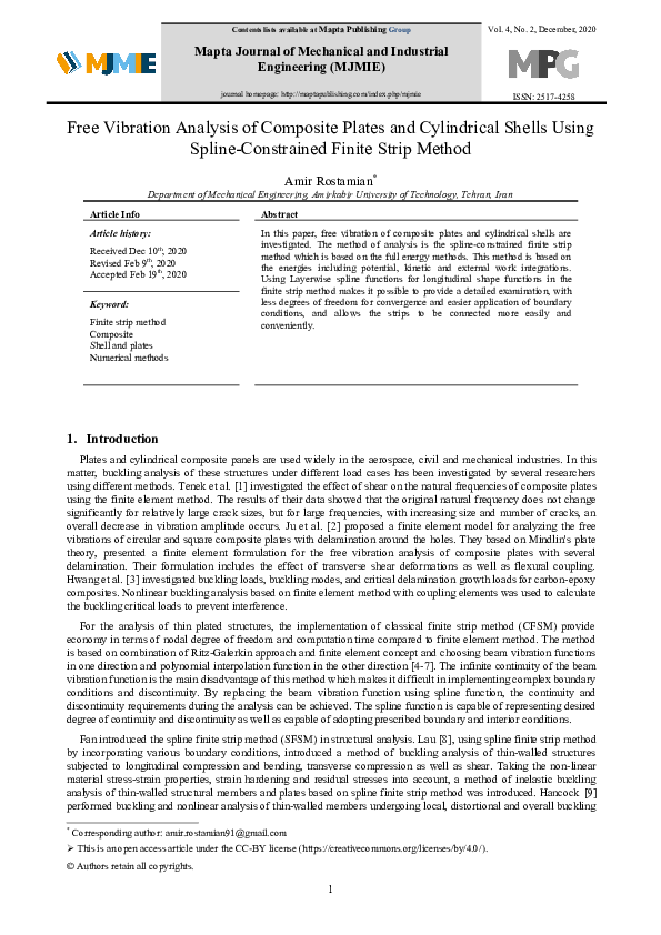 Doc Free Vibration Analysis Of Composite Plates And Cylindrical Shells Using Spline