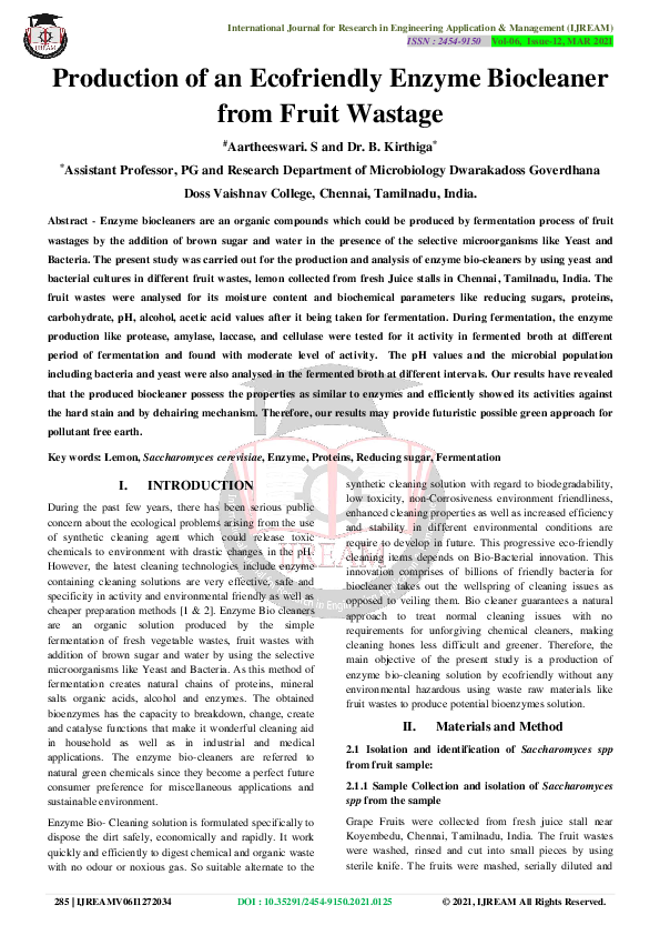 (PDF) Production of an Ecofriendly Enzyme Biocleaner from Fruit Wastage