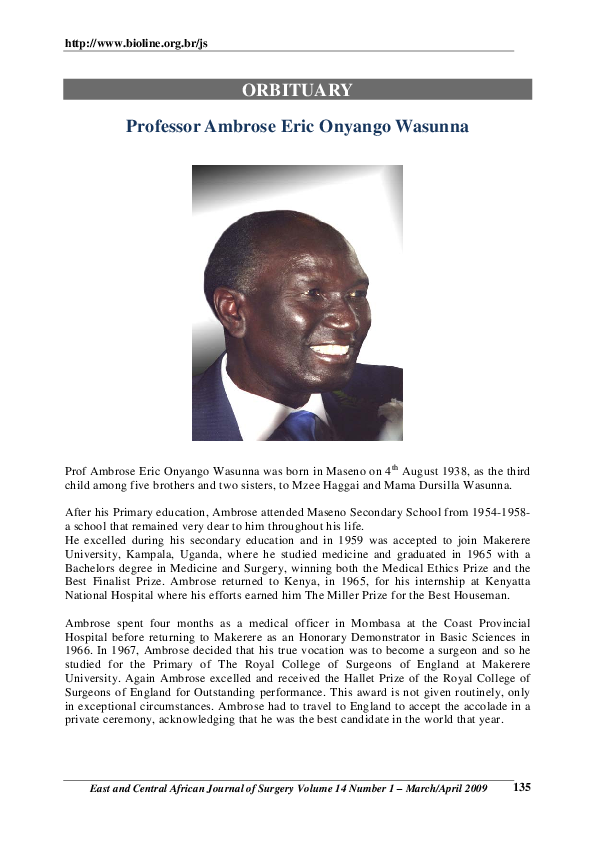 (PDF) ORBITUARY - Professor Ambrose Eric Onyango Wasunna