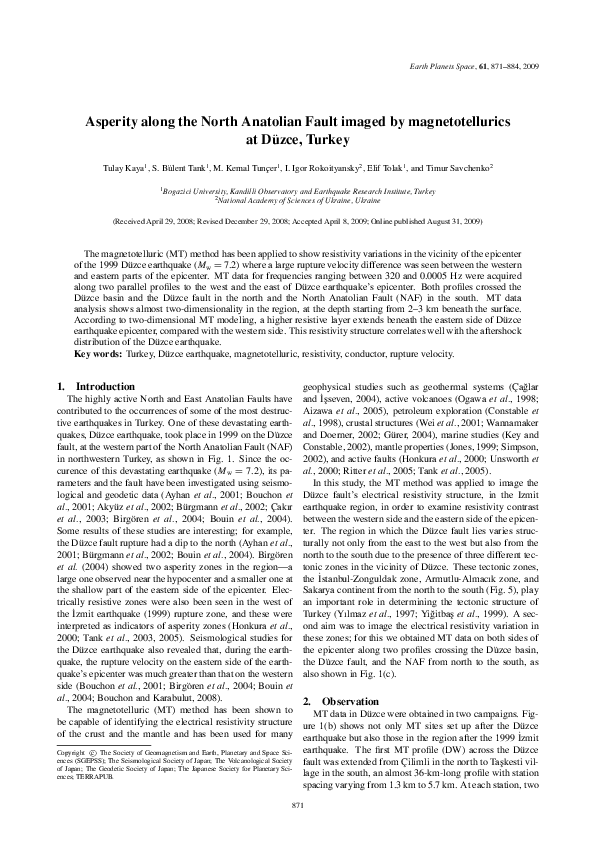 (PDF) Asperity along the North Anatolian Fault imaged by magnetotellurics at Düzce, Turkey ...