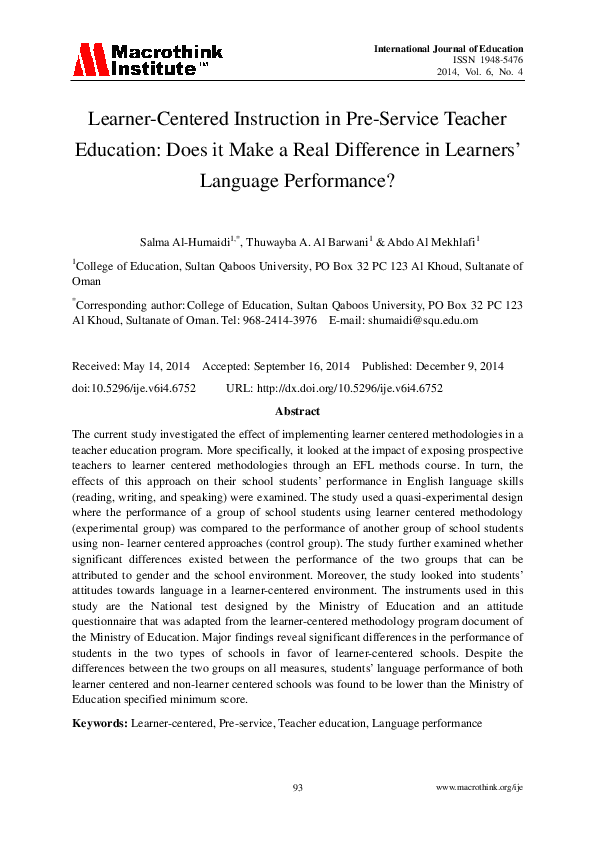 (PDF) Learner-Centered Instruction in Pre-Service Teacher Education ...