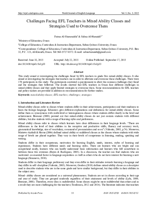 (PDF) Challenges Facing EFL Teachers in Mixed Ability Classes and Strategies Used to Overcome Them