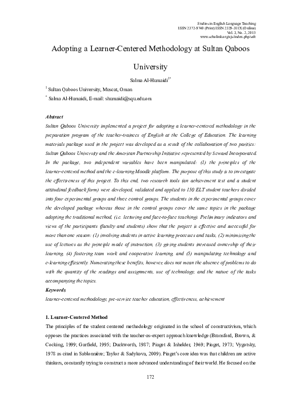 (PDF) Adopting a Learner-Centered Methodology at Sultan Qaboos University