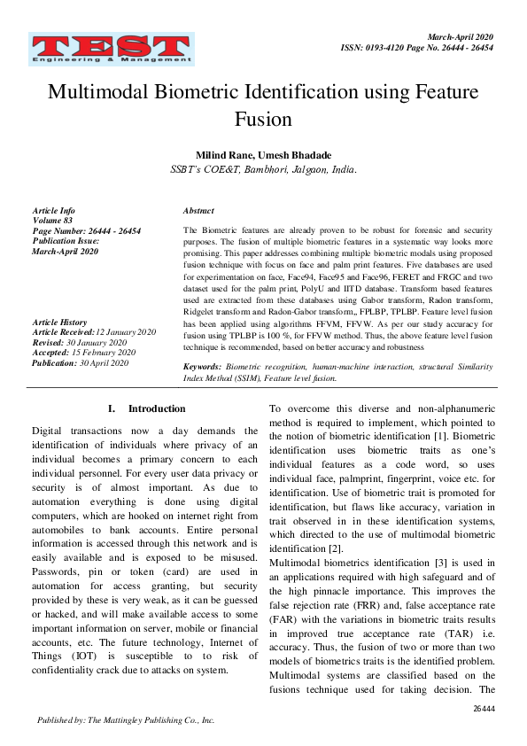 (PDF) Multimodal Biometric Identification using Feature Fusion