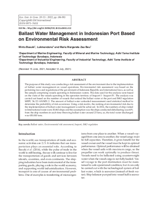 (PDF) Ballast Water Management in Indonesian Port Basedon Environmental Risk Assessment