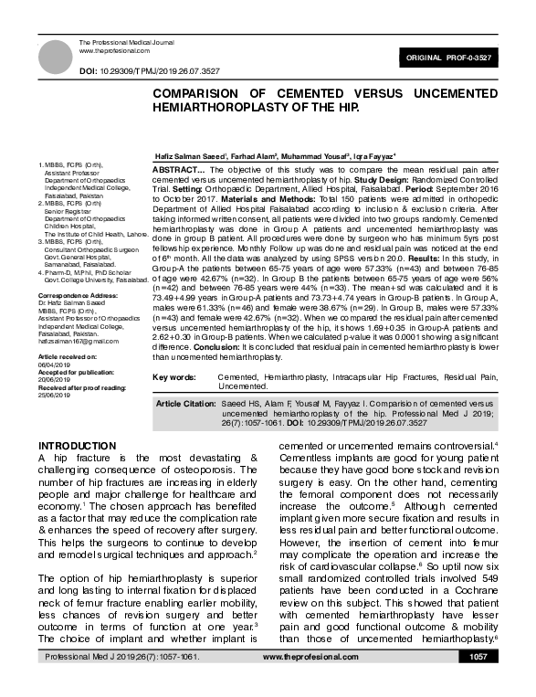 (PDF) Comparision of Cemented Versus Uncemented Hemiarthoroplasty of ...