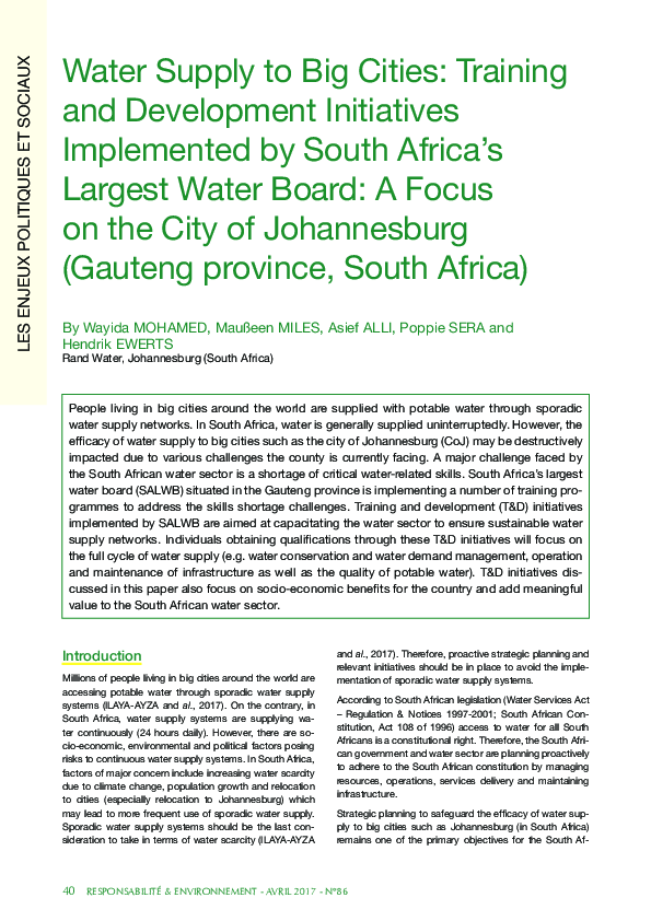 (PDF) Water Supply to Big Cities: Training and Development Initiatives ...