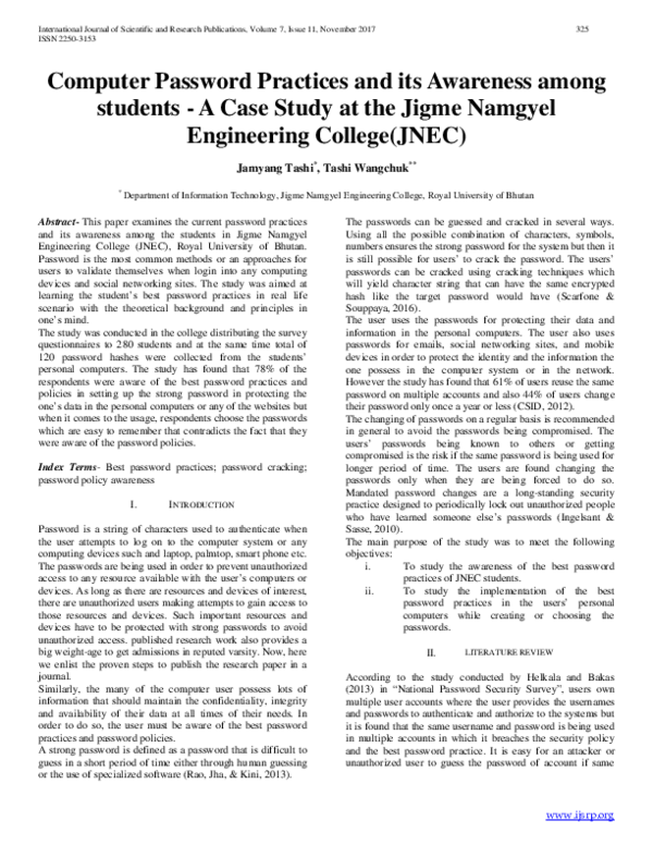 (PDF) Computer Password Practices and its Awareness among students - A Case Study at the Jigme ...
