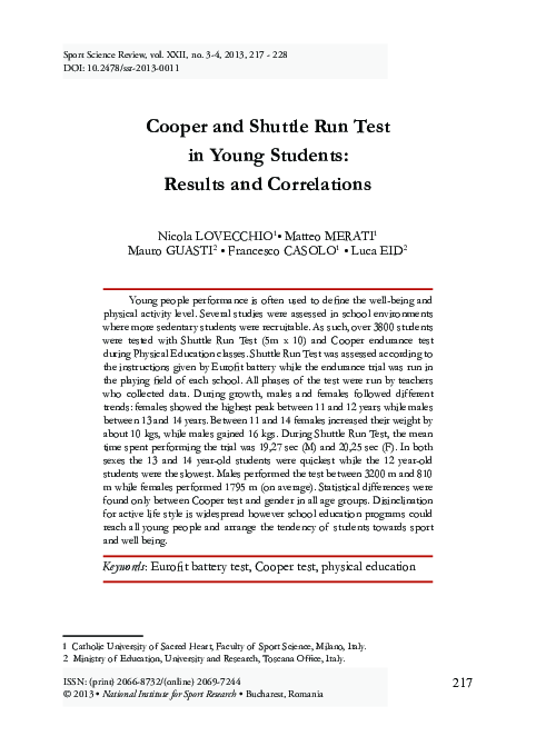 (PDF) Cooper and Shuttle Run Test in Young Students: Results and ...