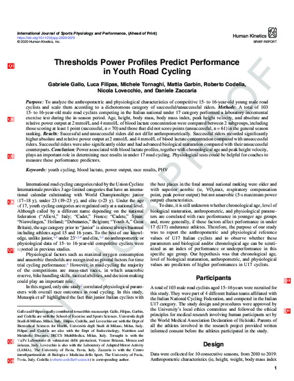 (PDF) Thresholds Power Profiles and Performance in Youth Road Cycling