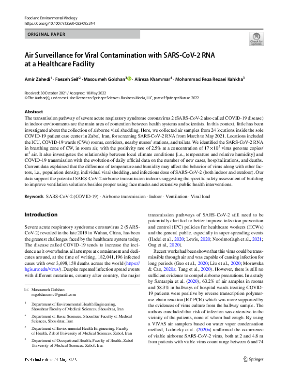 (PDF) Air Surveillance for Viral Contamination with SARS-CoV-2 RNA at a ...