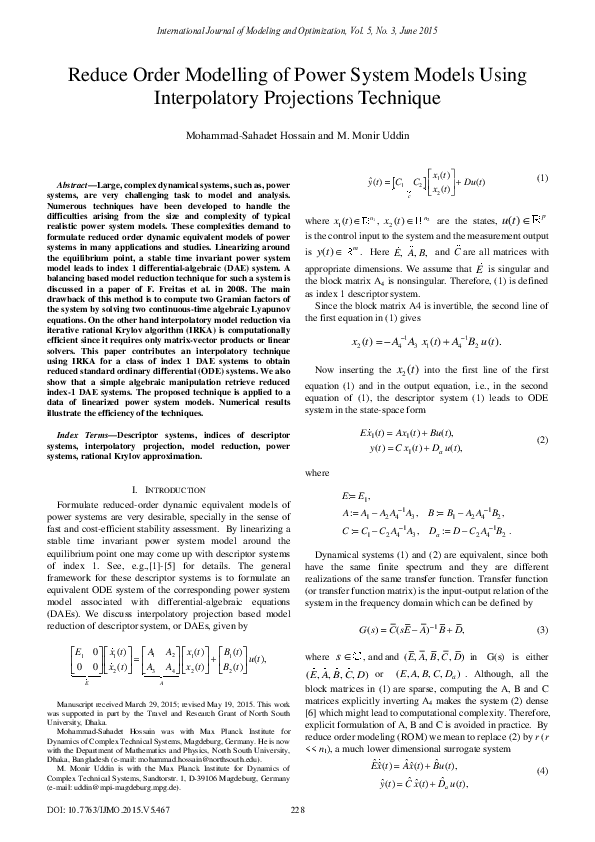Pdf Reduce Order Modelling Of Power System Models Using Interpolatory Projections Technique