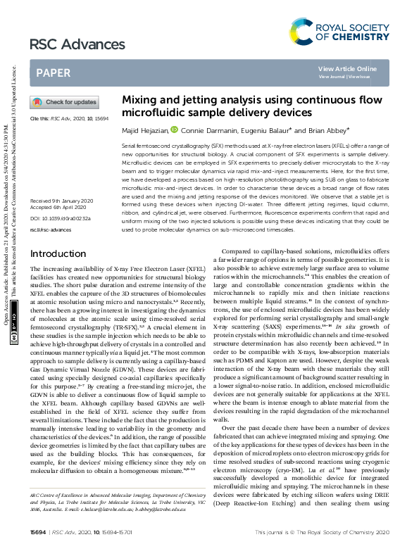 (PDF) Mixing and jetting analysis using continuous flow microfluidic sample delivery devices ...