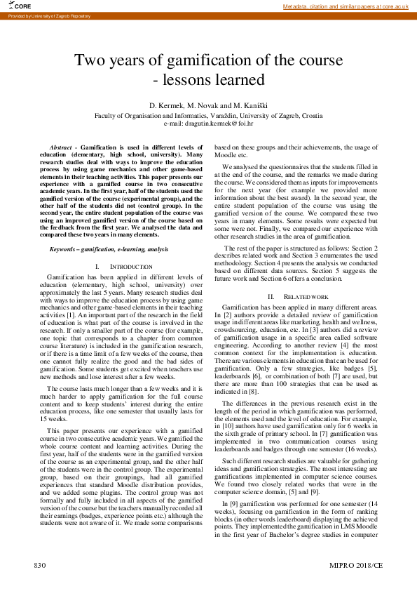 (PDF) Two years of gamification of the course — Lessons learned