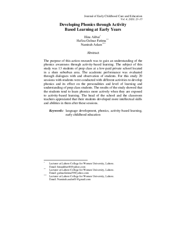 (PDF) Developing Phonics Through Activity Based Learning at Early Years