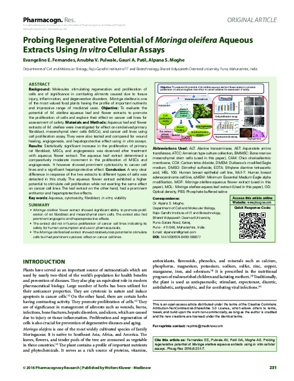 (PDF) Probing Regenerative Potential of Moringa oleifera Aqueous Extracts Using In vitro ...
