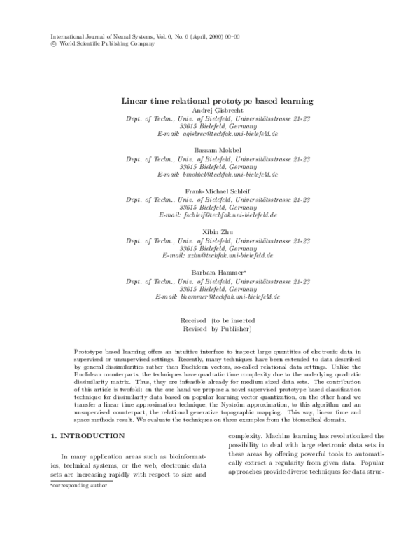 Pdf Linear Time Relational Prototype Based Learning B Hammer
