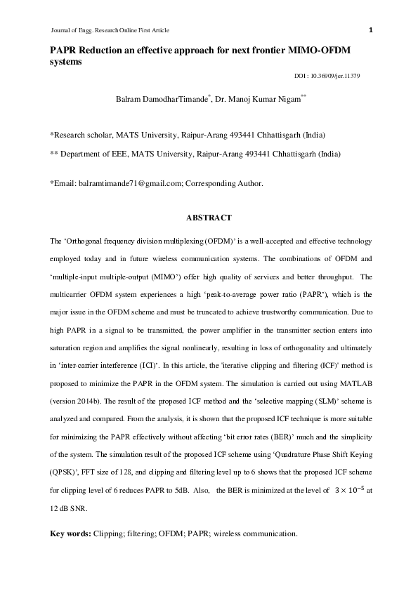 (PDF) PAPR Reduction an effective approach for next frontier MIMO-OFDM systems