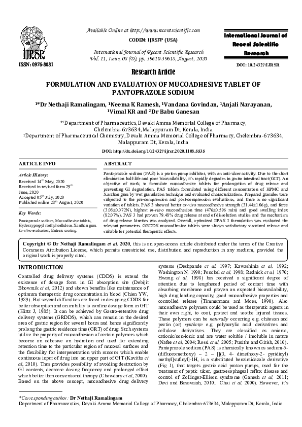 (PDF) Formulation and Evaluation of Mucoadhesive Tablet of Pantoprazole ...