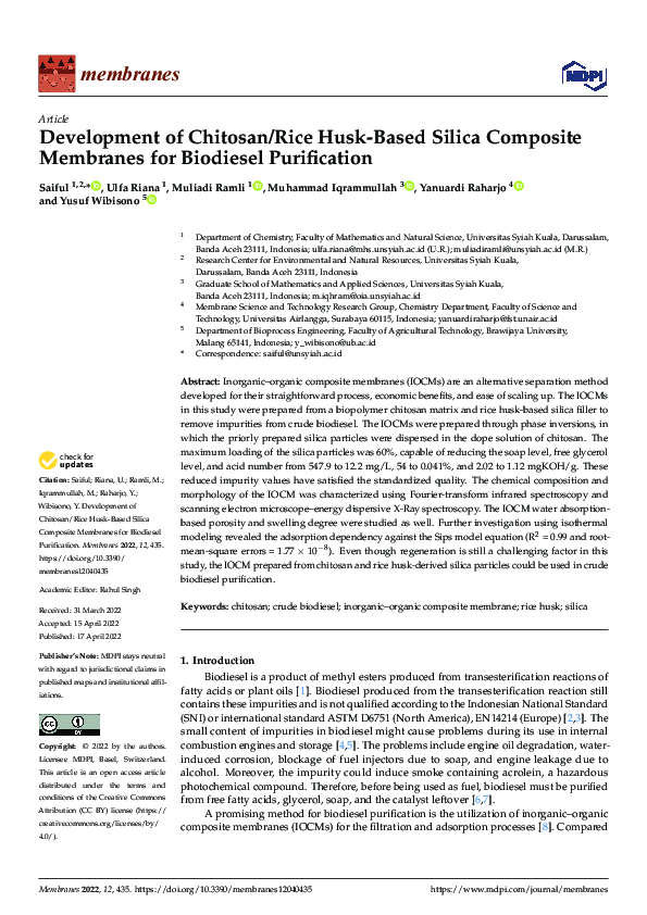 (PDF) Chitosan/Rice Husk Silica Membranes for Biodiesel Purification