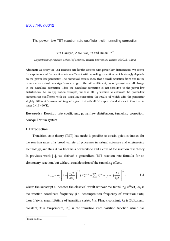 (PDF) The power-law TST reaction rate coefficient with tunneling ...