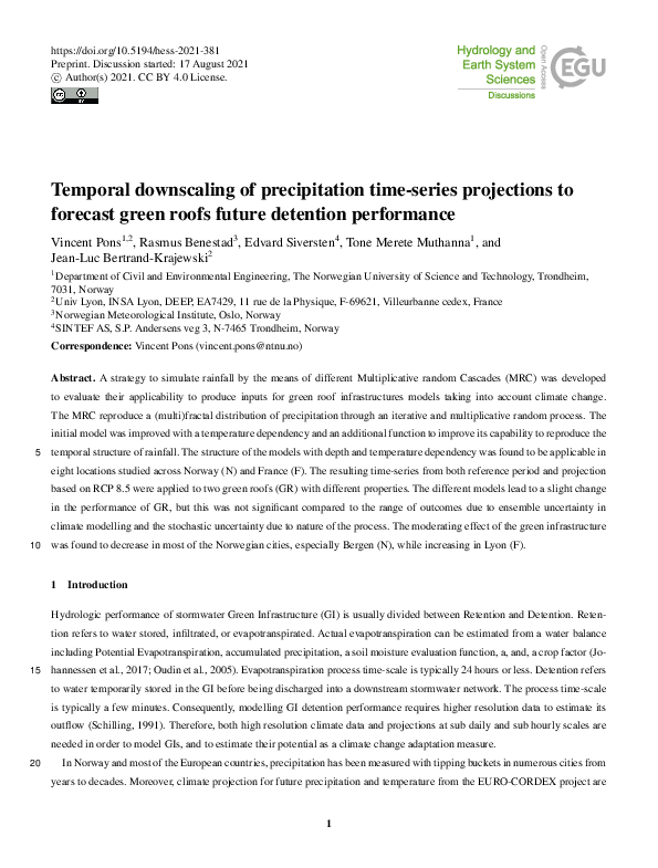Temporal Downscaling Of Precipitation Time Series Projections To Forecast Green Roofs Future