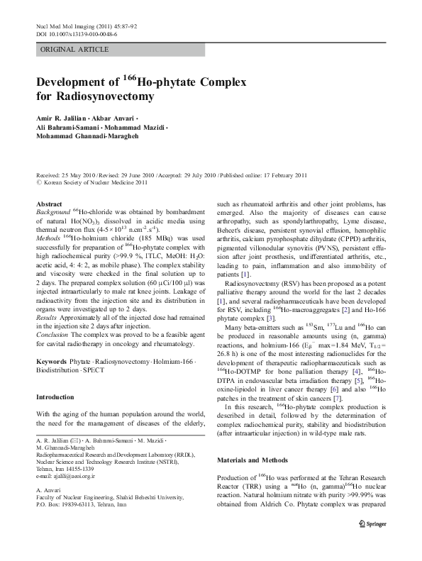 (PDF) Development of 166Ho-phytate Complex for Radiosynovectomy | Ali ...