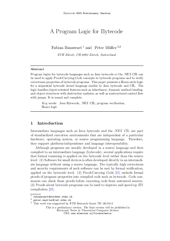 (PDF) A Program Logic for Bytecode
