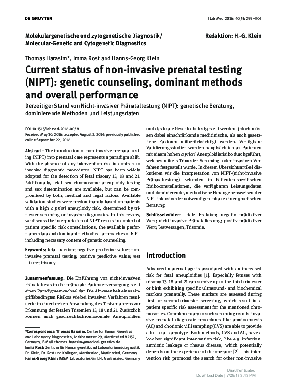 (PDF) Current status of non-invasive prenatal testing (NIPT): genetic ...