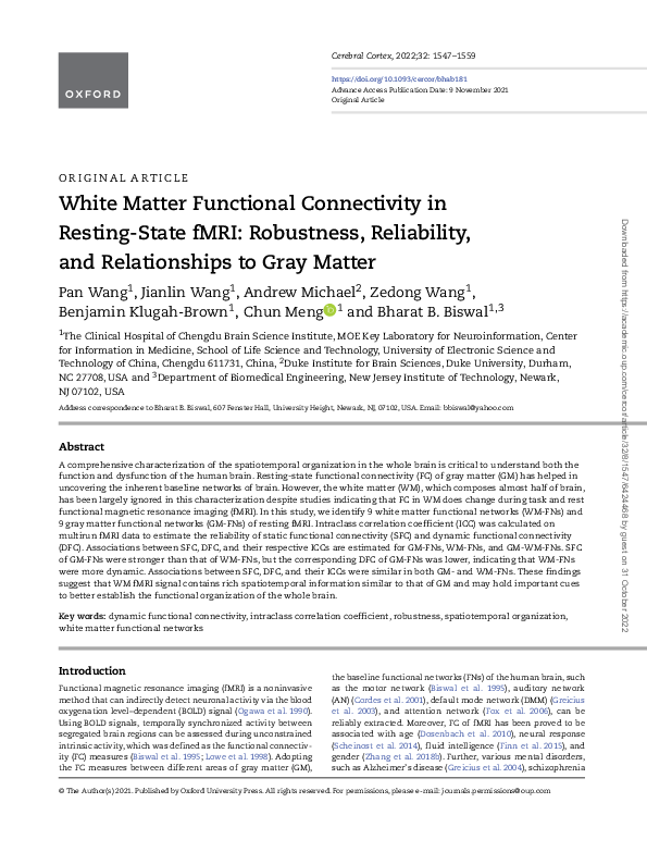 (PDF) White Matter Functional Connectivity in Resting-State fMRI: Robustness, Reliability, and ...