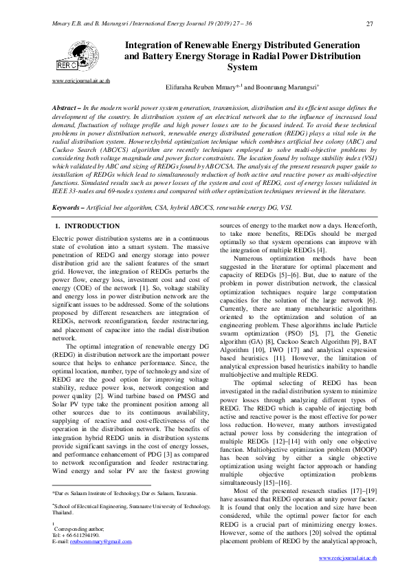 Pdf Integration Of Renewable Energy Distributed Generation And Battery Energy Storage In