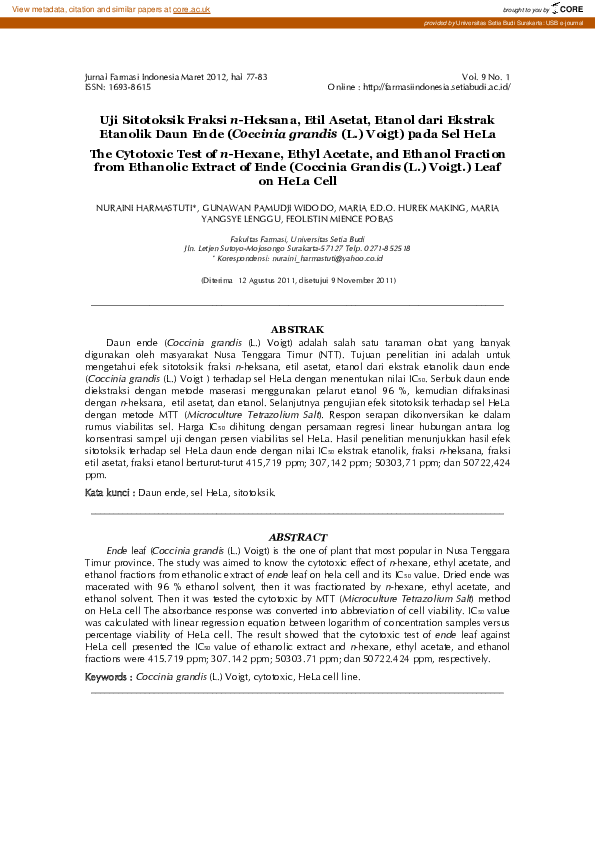 (PDF) Uji Sitotoksik Fraksi n-Heksana, Etil Asetat, Etanol dari Ekstrak ...