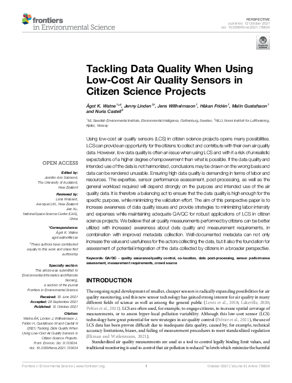 Pdf Tackling Data Quality When Using Low Cost Air Quality Sensors In Citizen Science Projects